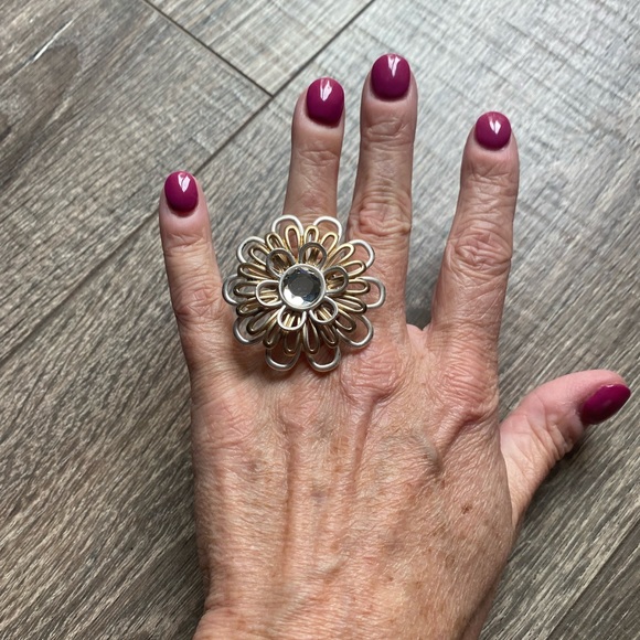 Jewelry | Silver Toned Large Statement Flower Ring With Clear Stone ...